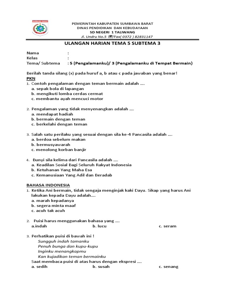 Soal Tema 5 Subtema 3 Kelas 2 | PDF | Seni & Disiplin Bahasa | Griya & Taman