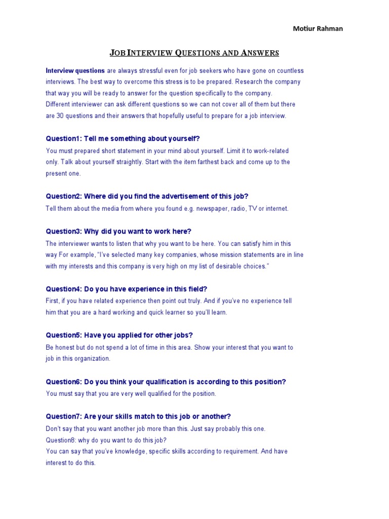 Job Interview Questions and Answers | PDF | Job Interview | Behavior Modification