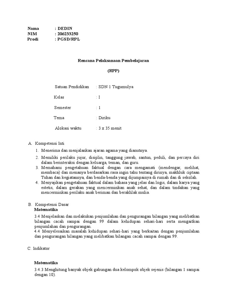 RPP Matematika Kelas 1 Tema Diriku | PDF
