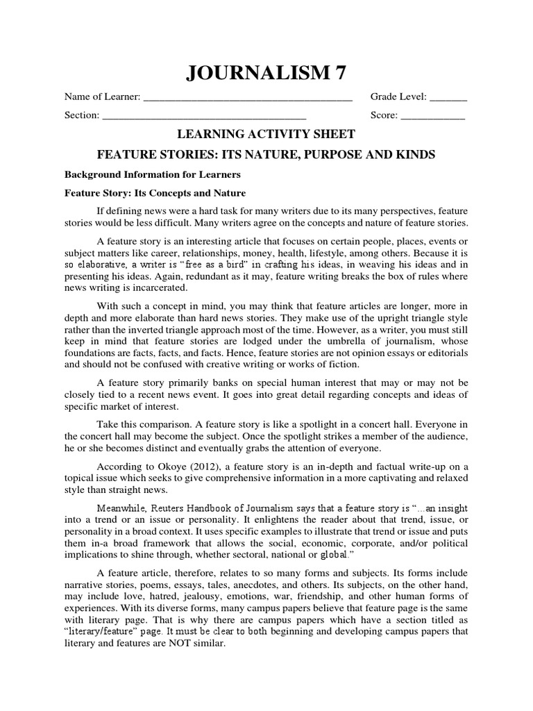 Journalism 7: Learning Activity Sheet Feature Stories: Its Nature ...