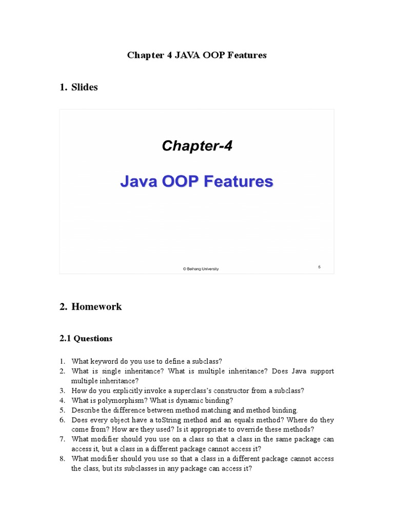 Chapter 4 Java Oop Features 21 Questions Pdf Inheritance Object Oriented Programming