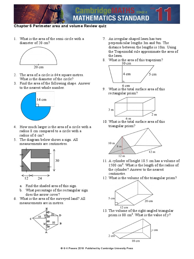 Chapter 6 Perimeter Area and Volume Review Quiz: © G K Powers 2018 ...