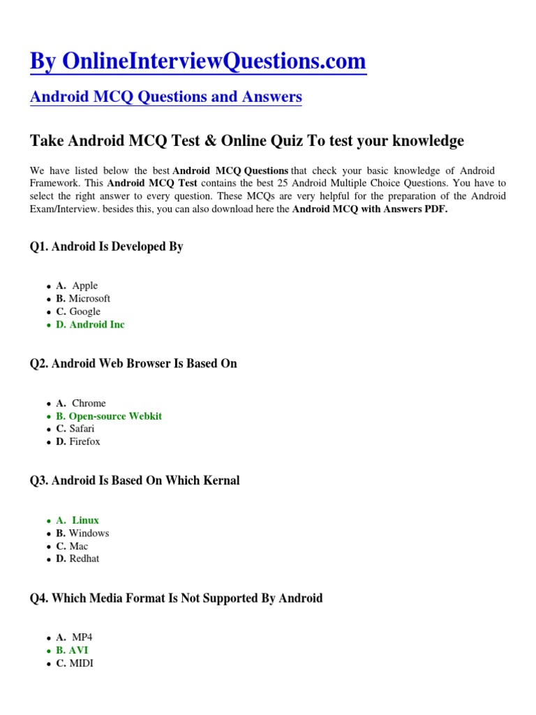 Android Mcq Questions And Answers Take Android Mcq Test And Online Quiz To Test Your Knowledge