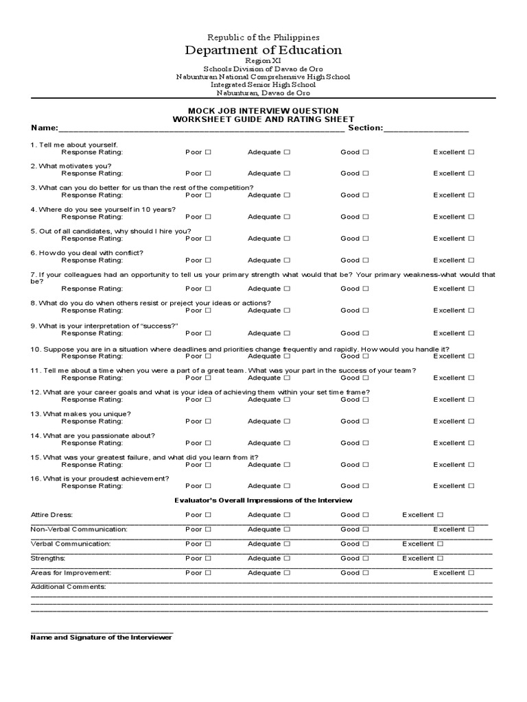 Mock Job Interview Question and Rating Sheet | PDF | Applied Psychology ...