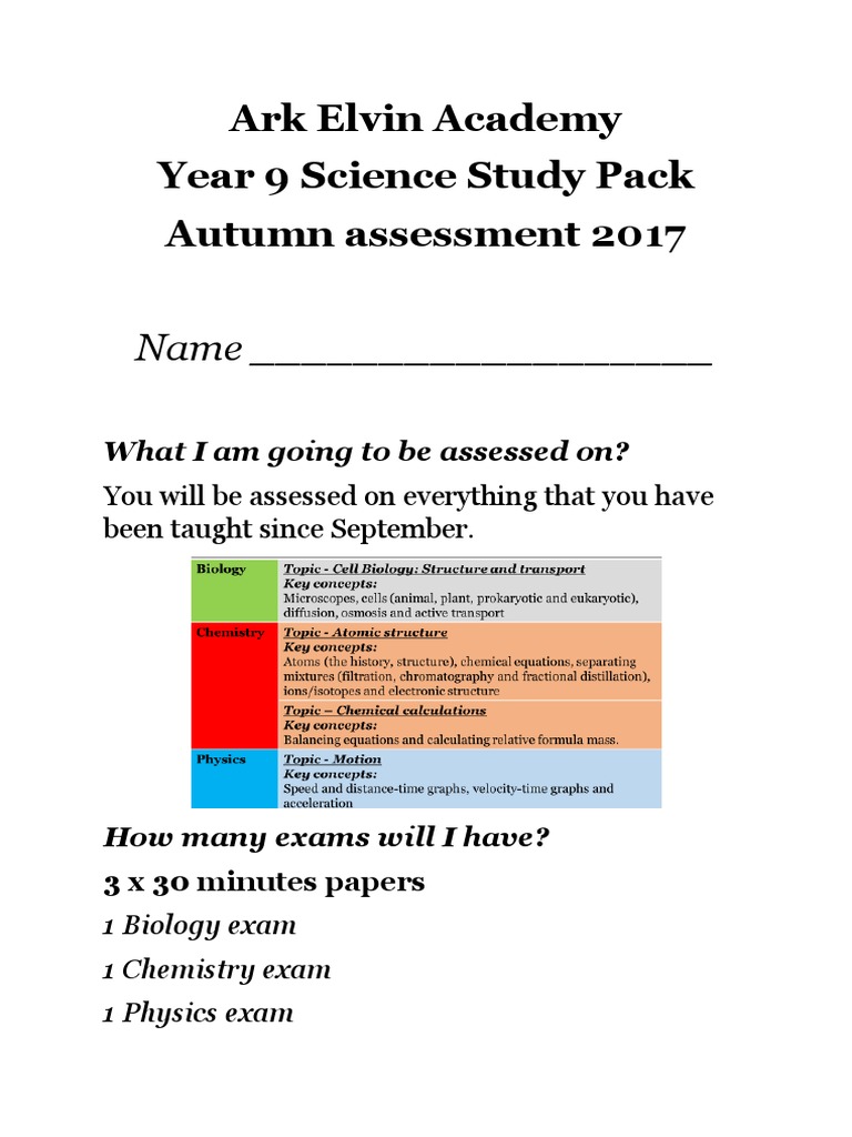 Ark Elvin Academy Year 9 Science Study Pack Autumn Assessment | PDF ...