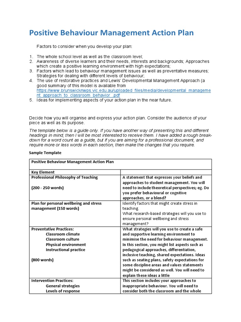 Positive Behaviour Management Action Plan Template Sem 2 2020 | PDF ...