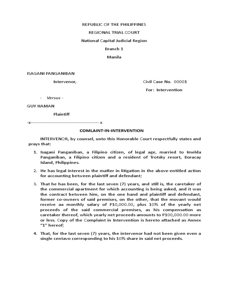 SAMPLE Complaint-in-Intervention | PDF | Intervention (Law) | Lawsuit