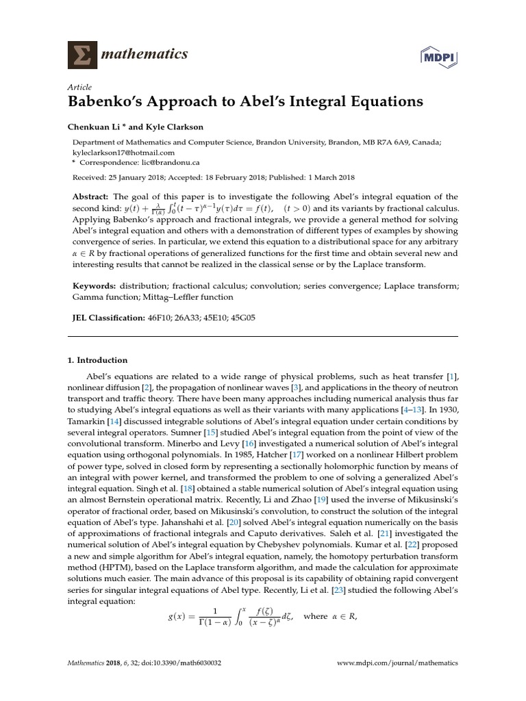 Mathematics: Babenko's Approach To Abel's Integral Equations | PDF | Distribution (Mathematics ...