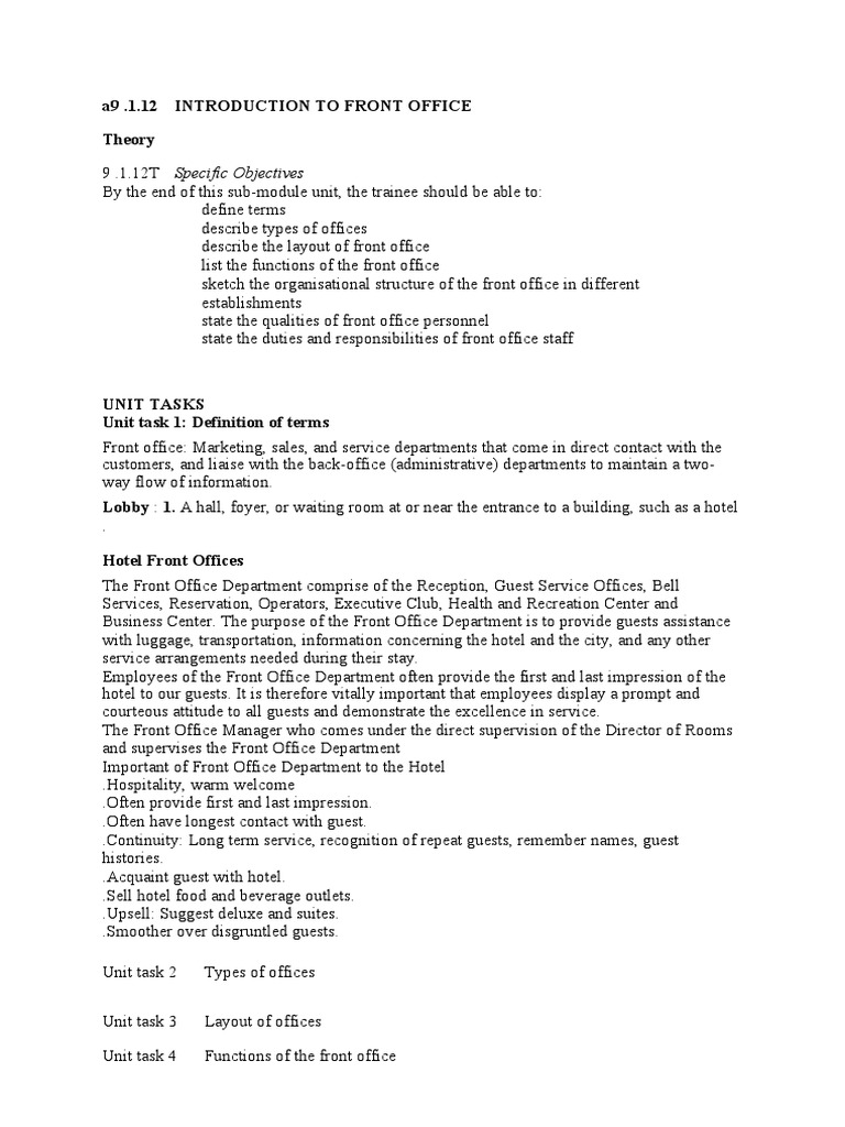 Front Office Notes | PDF | Hotel And Accommodation | Business