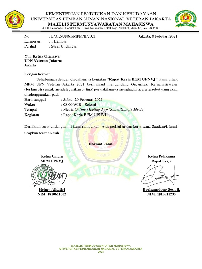 4487 - Surat Undangan Rapat Kerja Ormawa | PDF