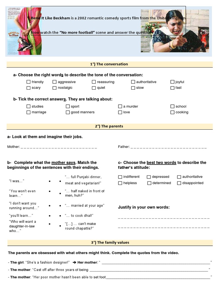 Bend It Like Beckham WORKSHEET | PDF