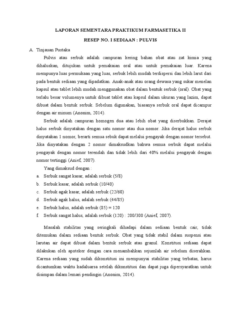 Laporan Praktikum Pulvis dan Resep Bedak | PDF