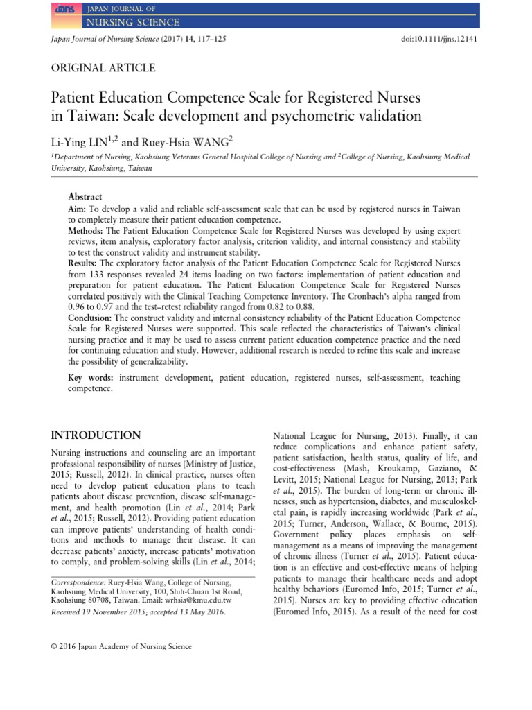 Patient Education Competence Scale For Registered Nursesin Taiwan Scale ...