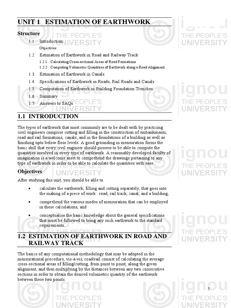 Unit 1 Estimation of Earthwork: Structure | PDF | Area | Elementary ...