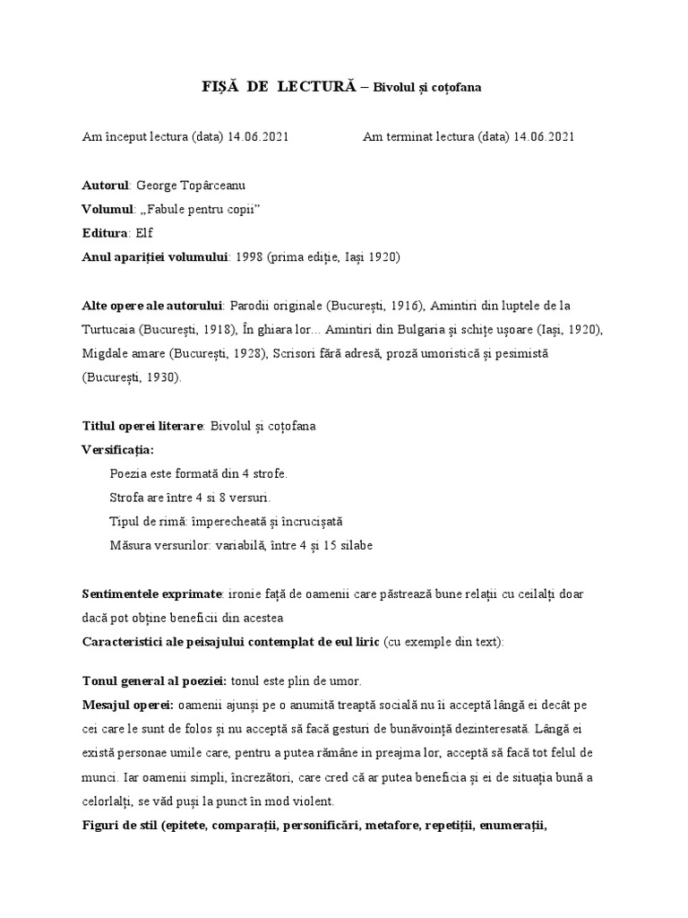 FIŞĂ de LECTURA - Bivolul Și Coțofana | PDF