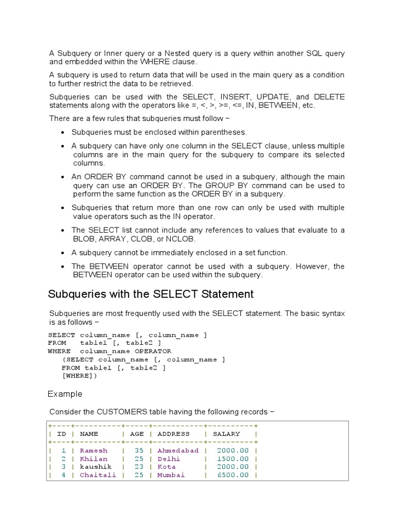 Subqueries With The SELECT Statement: Example | PDF | Computer Data | Sql