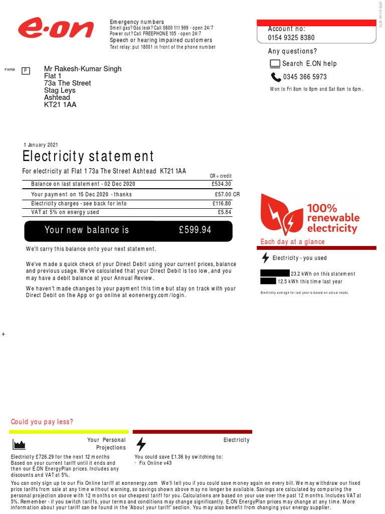 Electricity Statement: Your New Balance Is 599.94 | Download Free PDF ...