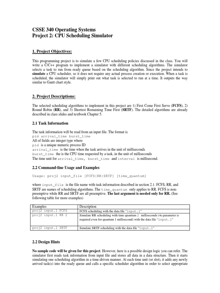 CSSE 340 Operating Systems Project 2: CPU Scheduling Simulator | PDF | Scheduling (Computing ...