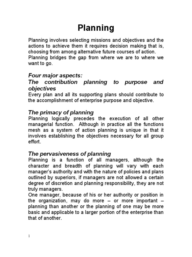 Planning: Four Major Aspects: The Contribution Planning To Purpose and ...