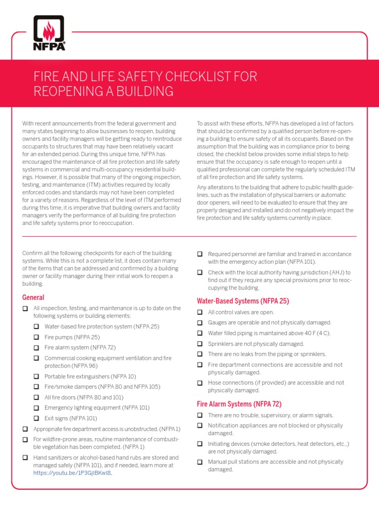 Fire and Life Safety Checklist For Reopening A Building: General Water ...