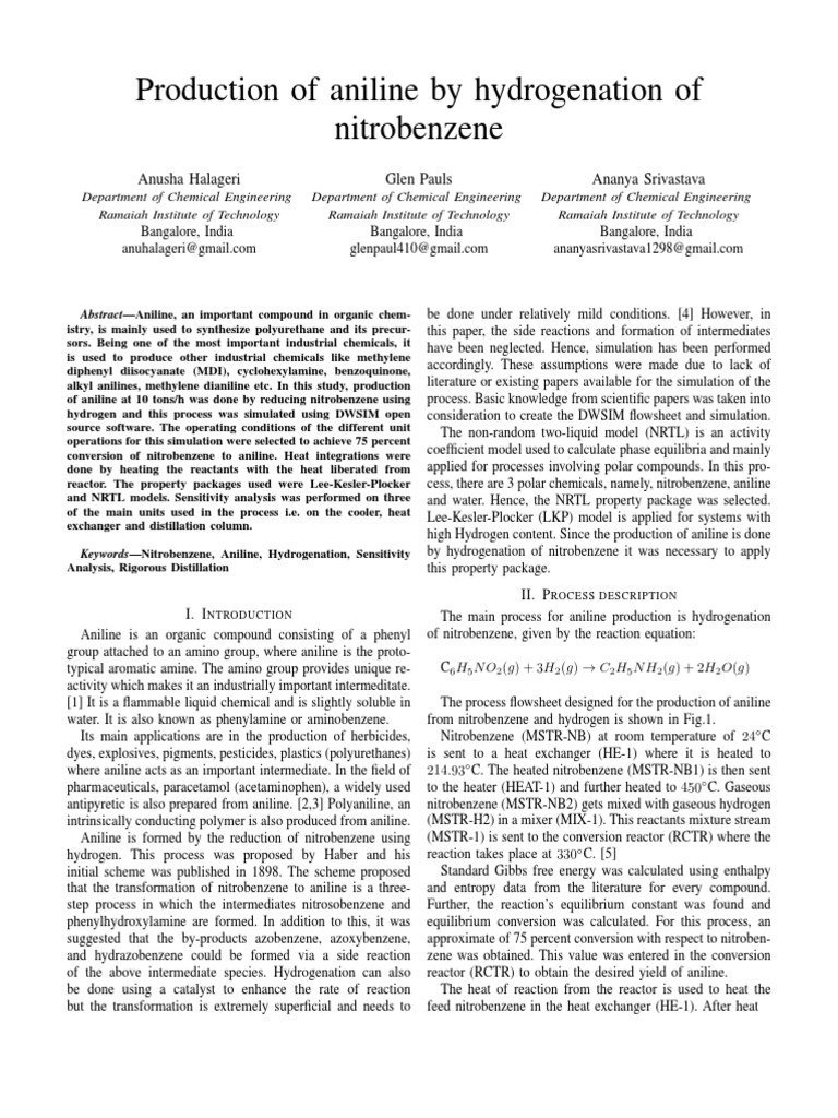 Production of Aniline by Hydrogenation of Nitrobenzene: Anusha Halageri ...