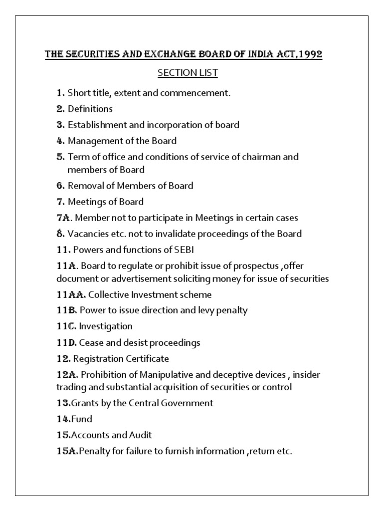Sebi Act 1992 Section List | PDF | Securities (Finance) | Securities Fraud