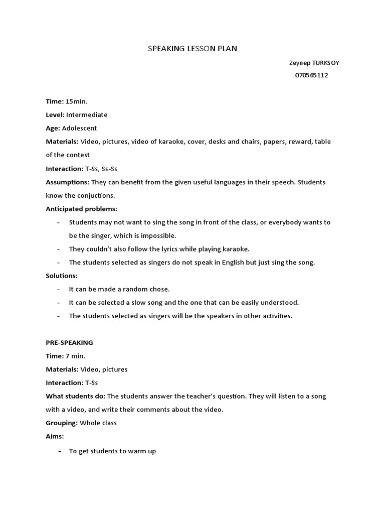 Intermediate Speaking Lesson Plan | PDF | Teachers | Lesson Plan