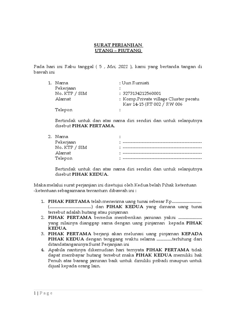 Contoh Surat Perjanjian Utang Piutang FH UII | PDF