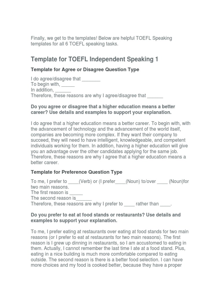 Template For TOEFL Independent Speaking 1 | PDF | Foods | Reason