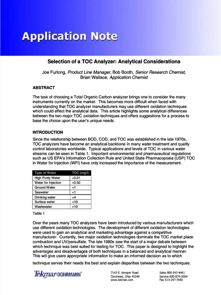 Selection of A Selection of A TOC Analyzer: Analytical Considerations ...