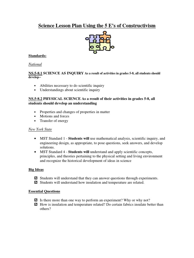 Science Lesson Plan Using The 5 E's of Constructivism: Standards | PDF ...