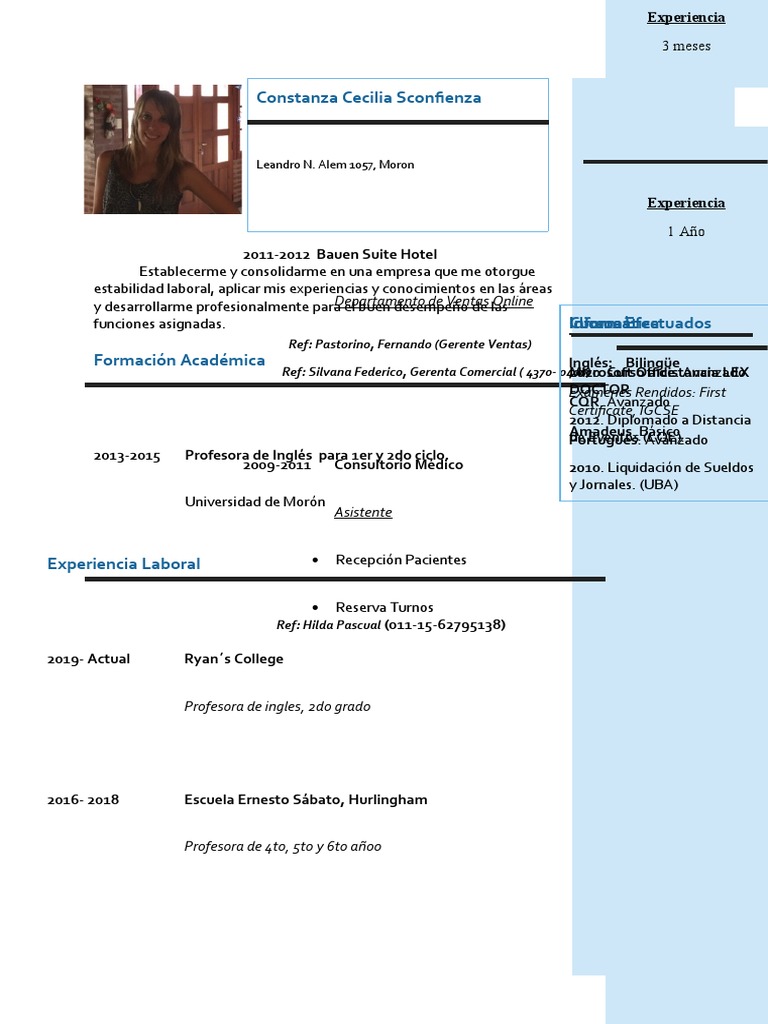 Constanza Sconfienza CV | PDF | Escuelas | Educación avanzada