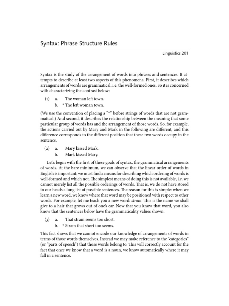 Syntax: Phrase Structure Rules: Linguistics 201 | Download Free PDF | Phrase | Syntax