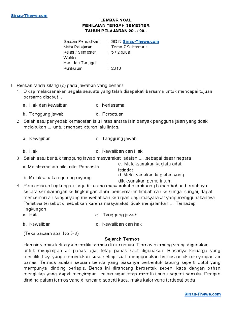 Soal & Jawaban PTS Kelas 5 (Tema 7 Subtema 1) | PDF | Griya & Taman | Seni