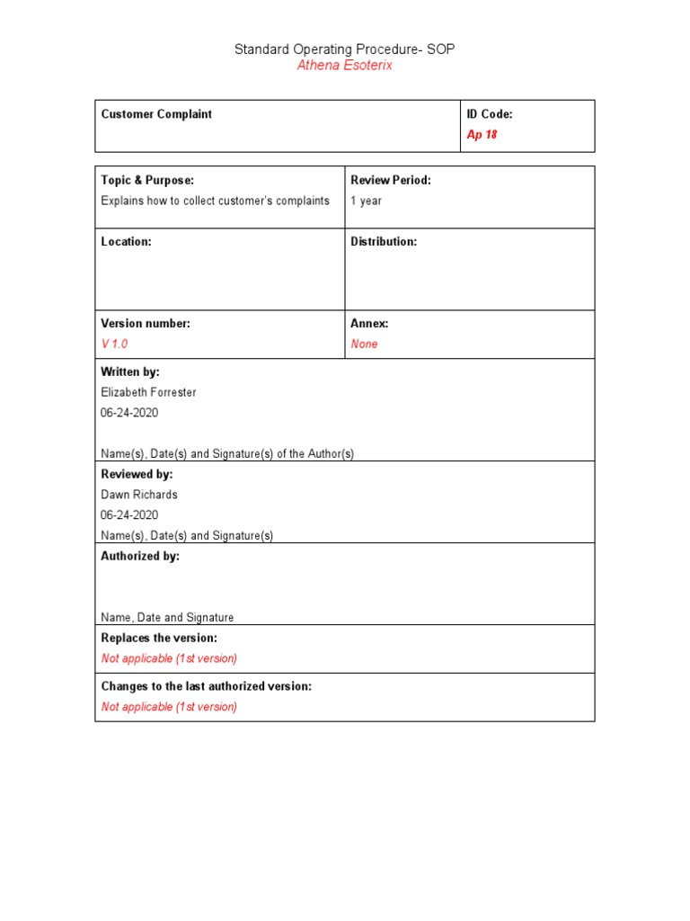 Standard Operating Procedure-SOP: Athena Esoterix | PDF | Complaint | Customer