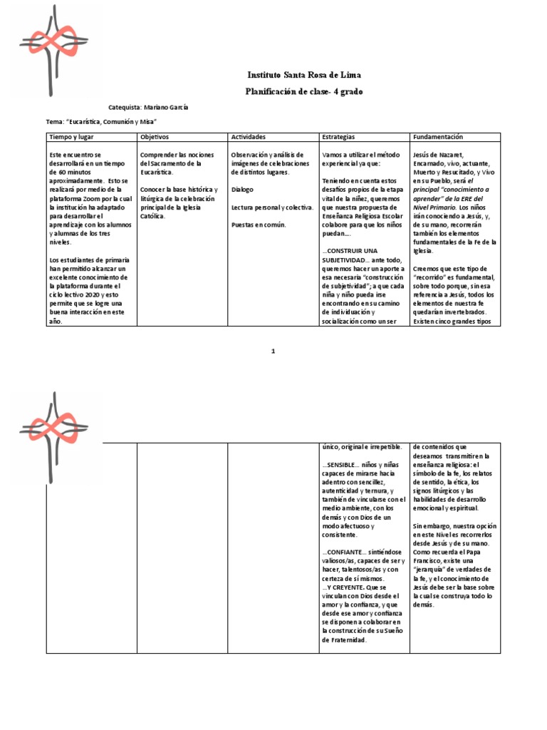 Planificacion - Cuarto Grado | PDF | Misa (liturgia) | eucaristía