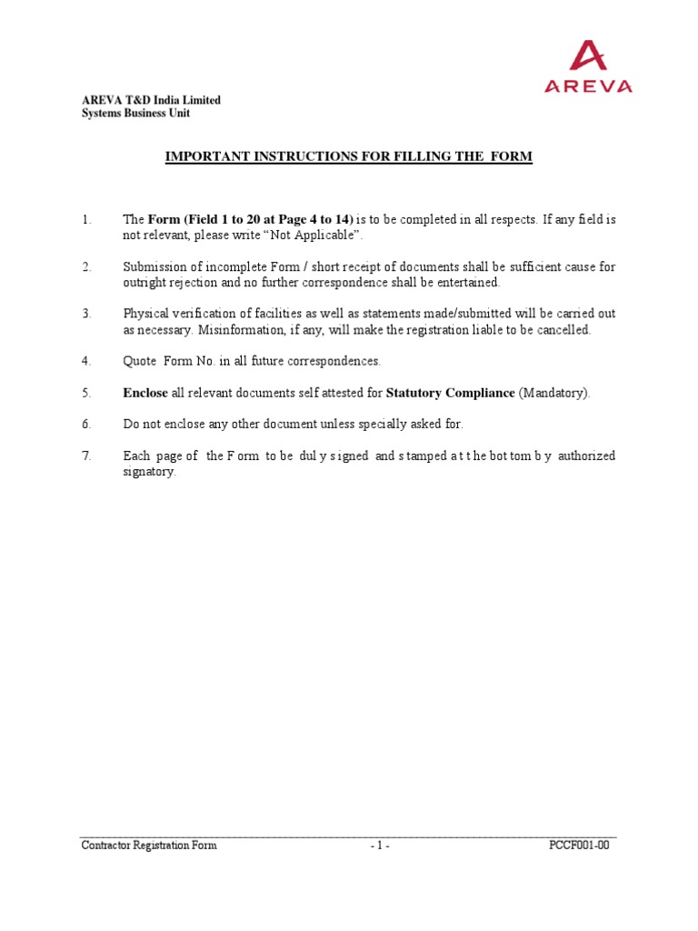 PCCF001 Contractor Registration Form | PDF | Electrical Substation ...