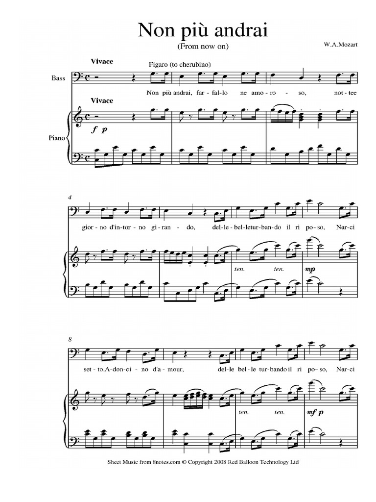 Mozart - Non Piu Andrai - Bodas de Figaro | PDF