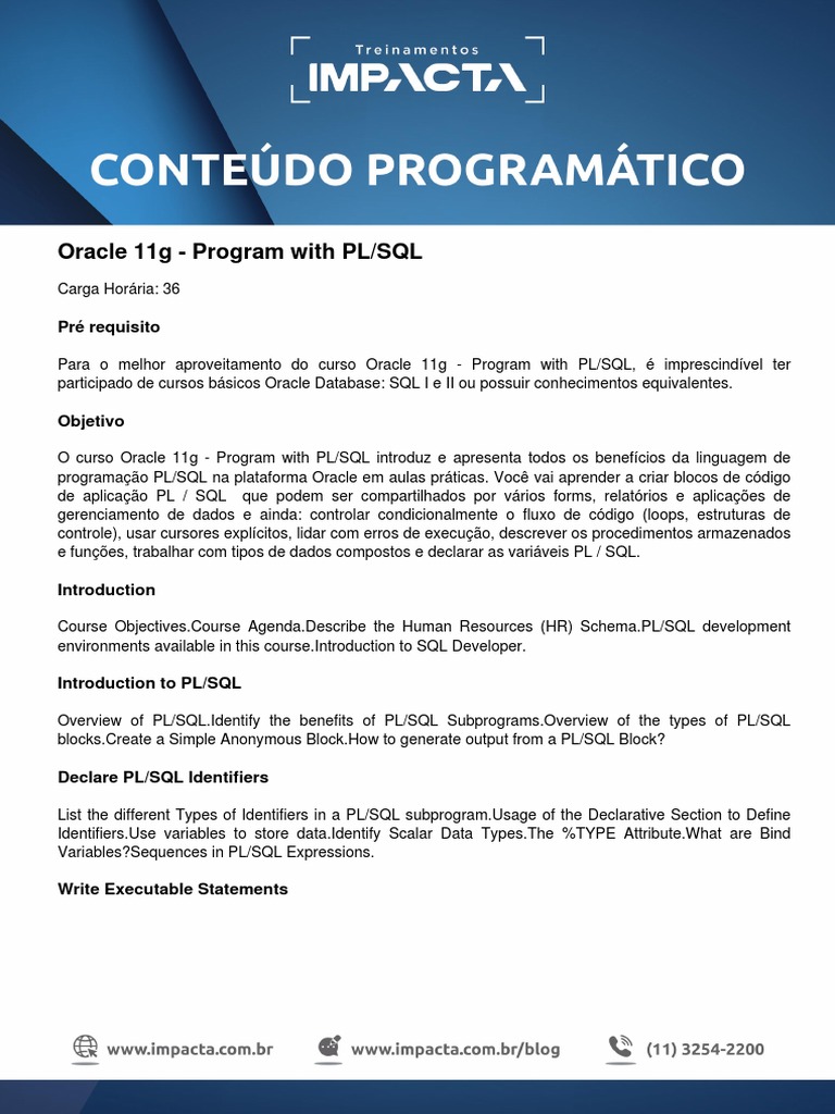 Conteúdo Programático - Oracle 11g - Program With PL - SQL | PDF | PL/SQL | SQL