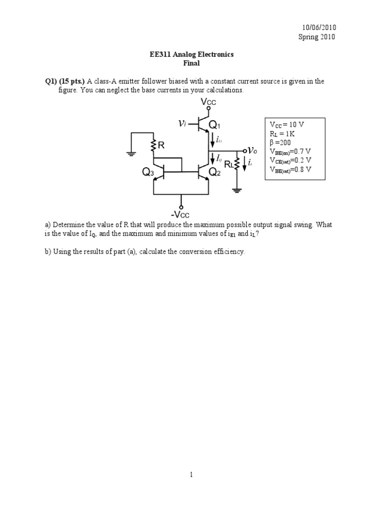 EE311 Analog Electronics Final Q1) (15 PTS.) A Class-A Emitter Follower ...