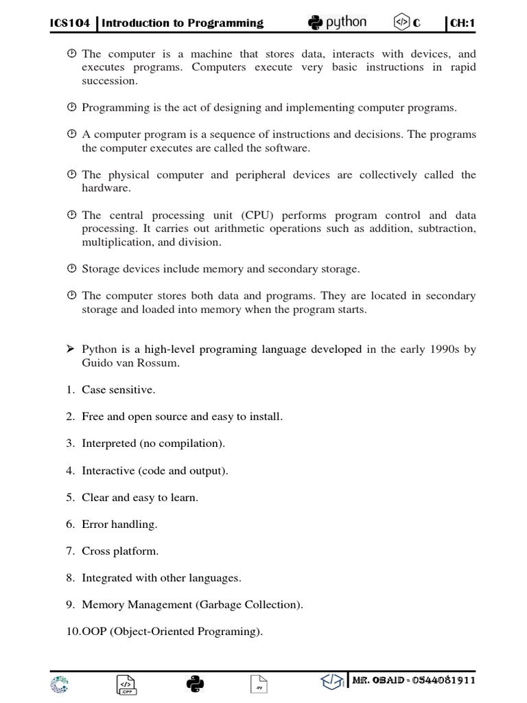 ICS104 Introduction To Programming C Ch:1: Mr. Obaid - 0544081911 | PDF ...