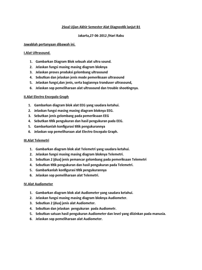 Soal Ujian Tengah Semesteri PERALATAN DIAGNOSTIK XX | PDF | Sains & Matematika | Komputer