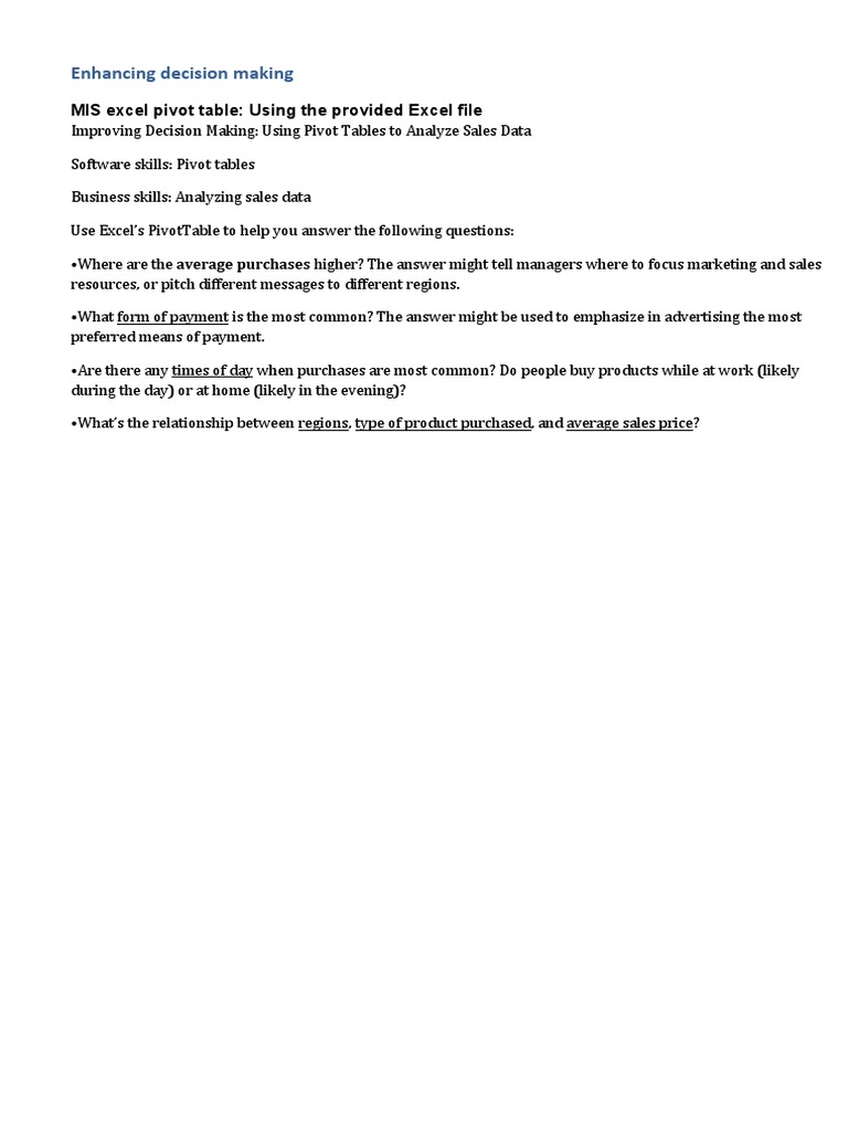 Pivot Table - Lab Instructions | PDF