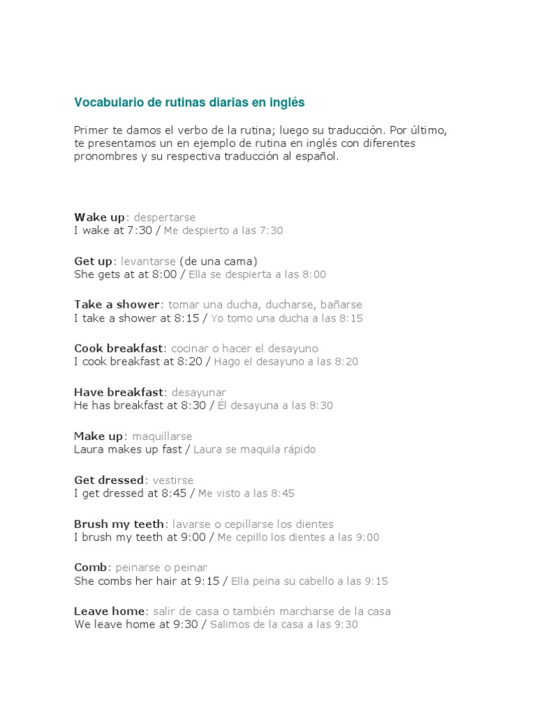 Vocabulario de Rutinas Diarias | PDF