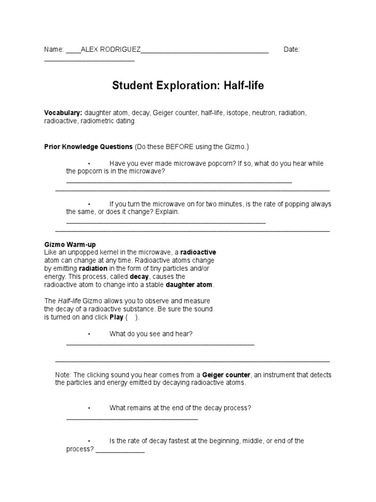 Student Exploration: Half-Life: Vocabulary: Daughter Atom, Decay ...