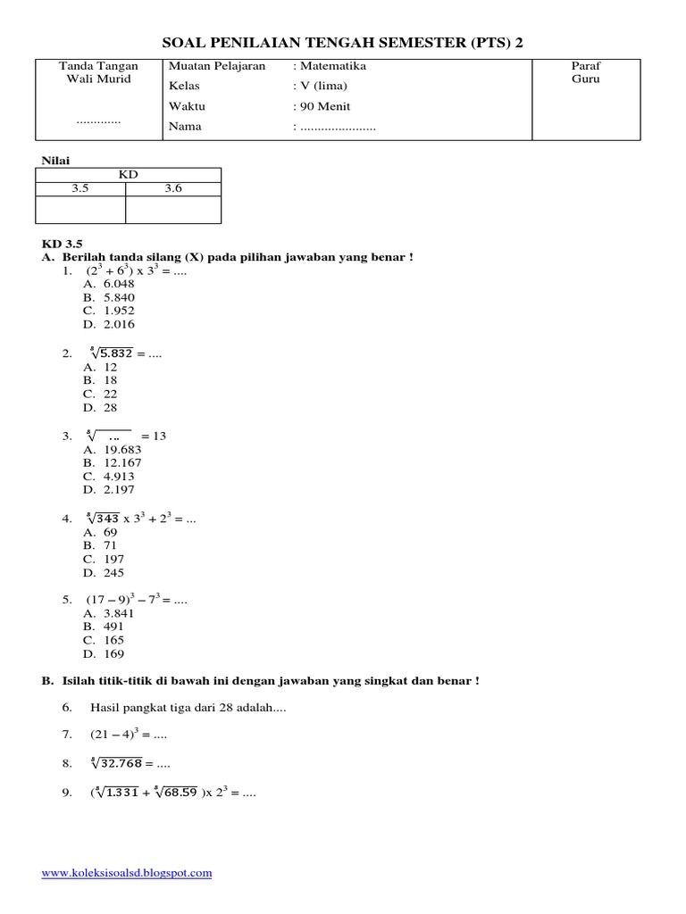 Soal PTS Matematika Kelas 5 Semester 2 | PDF