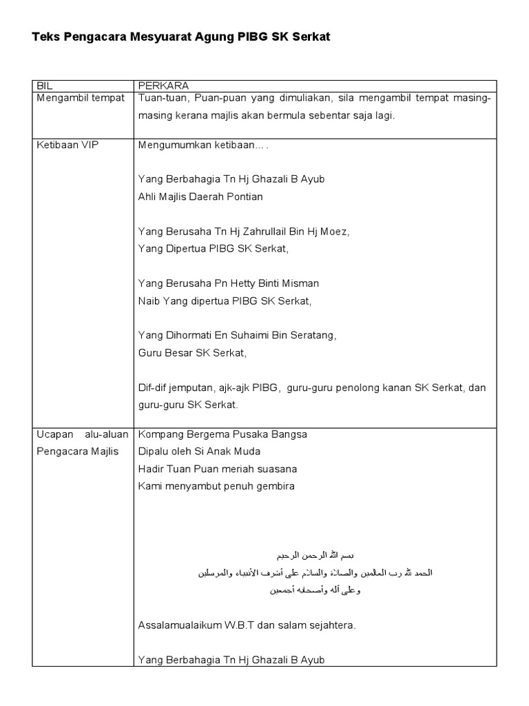 Teks Pengacara Mesyuarat Agung PIBG | PDF
