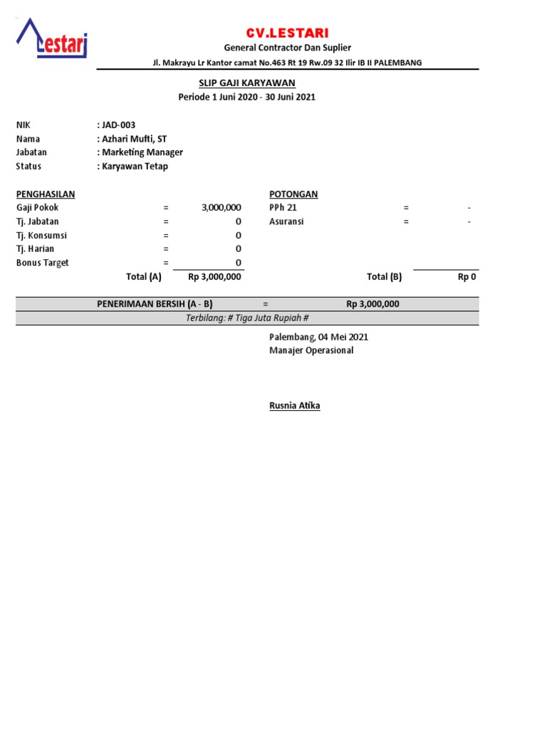 Slip Gaji Karyawan CV.Lestari Palembang | PDF
