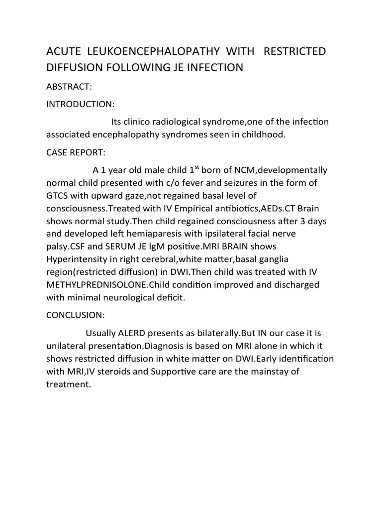 Acute Leukoencephalopathy With Restricted Diffusion Following Je ...