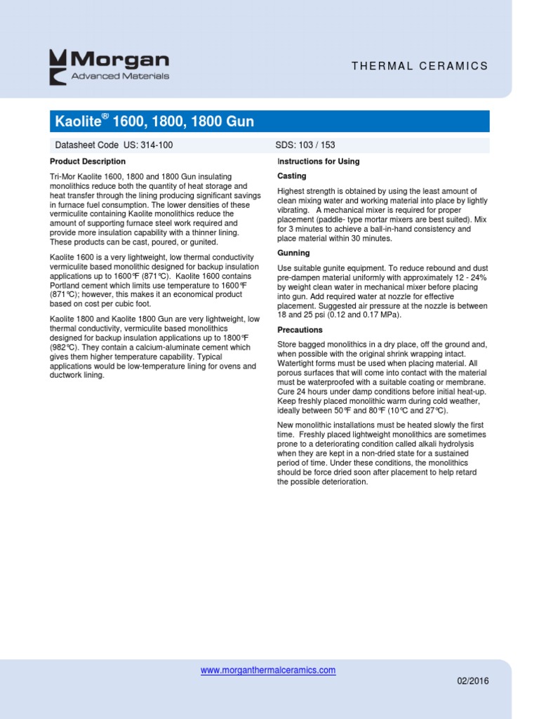 Kaolite 1600, 1800, 1800 Gun: Thermal Ceramics | PDF | Thermal ...